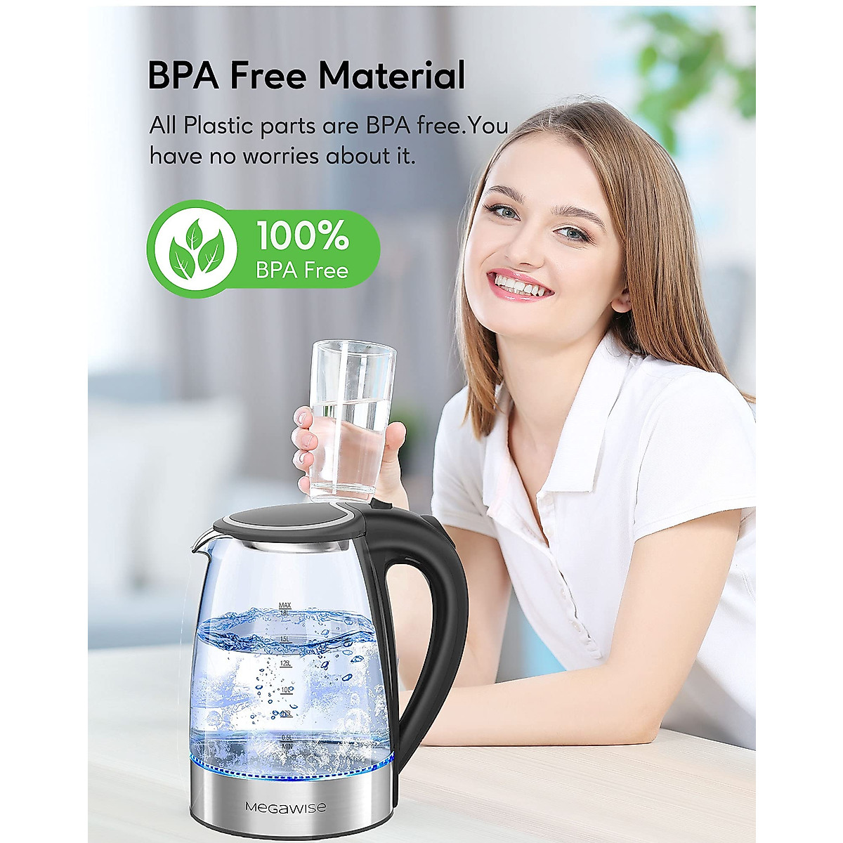 MEGAWISE 1.8L Healthy Electric Kettle, 1000W Borosilicate Glass Tea Kettle with Food Grade Material, Auto Shut-Off and Boil-Dry Protection Cordless Kettle Fast Boiling, BPA Free
