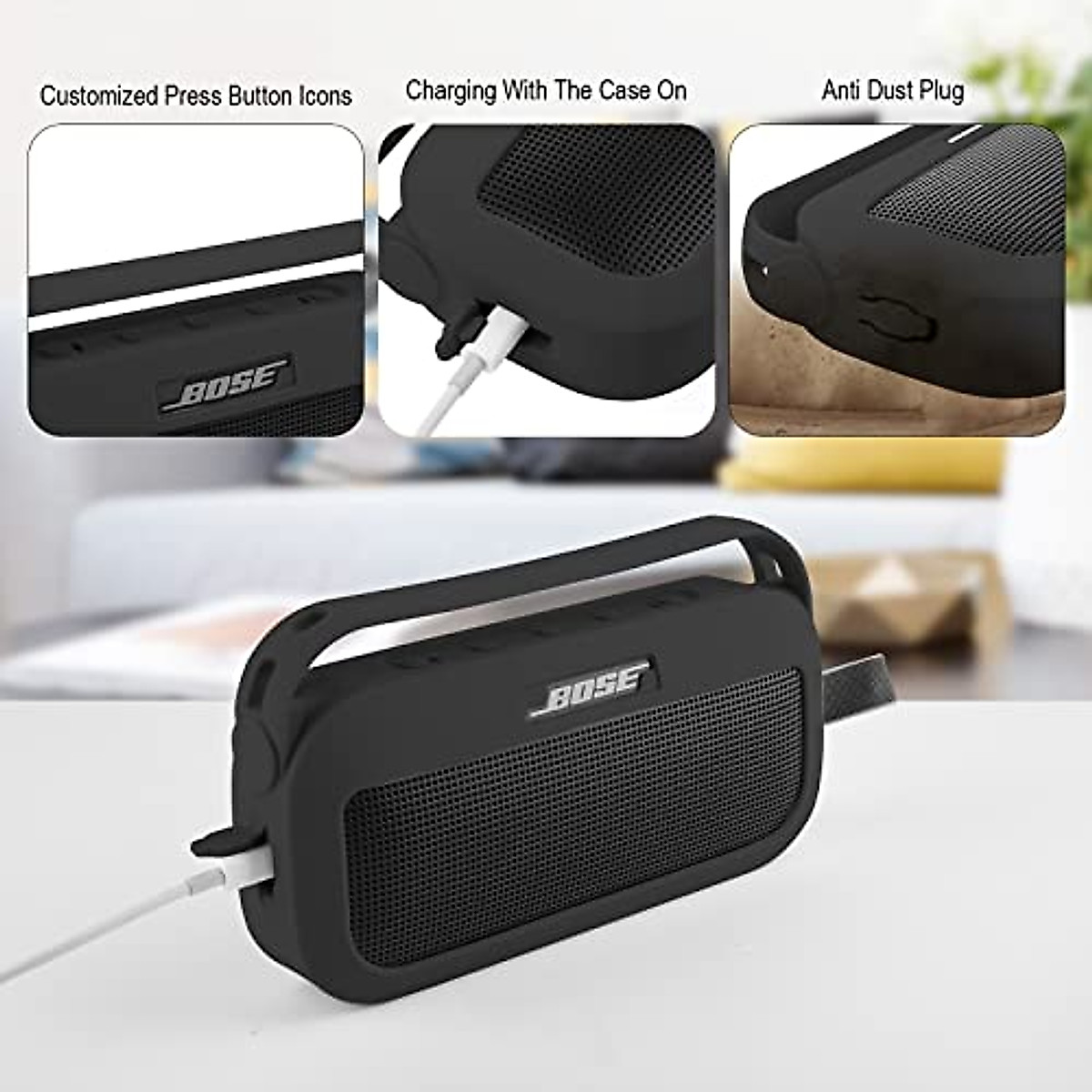 TXesign Silicone Case Cover for Bose SoundLink Flex Bluetooth Portable Speaker Travel Protective Carrying Pouch with Handle Anti-dust Plug for Bose SoundLink Flex (Black)