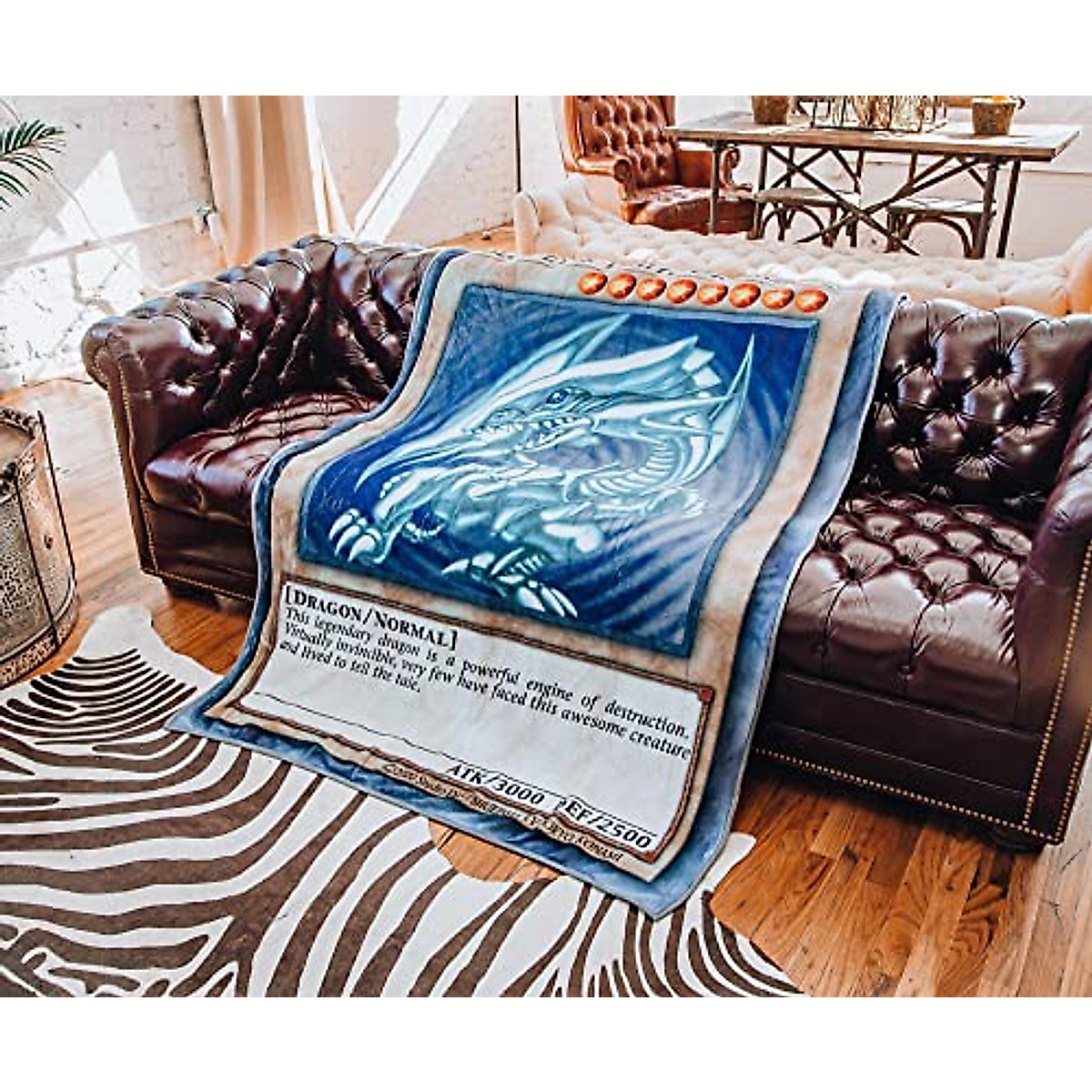 Surreal Entertainment Yu-Gi-Oh! Blue-Eyes White Dragon Card Fleece Throw Blanket | Anime Plush Soft Cover For Sofa, Bed | 45 x 60 Inches, Gold