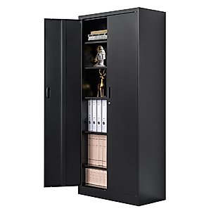 Metal Storage Cabinet with 2 Doors and 4 Shelves, Lockable Steel Storage Cabinet for Office, Garage, Warehouse, 70.86" H x 31.5" W x 15.75" D (Black)