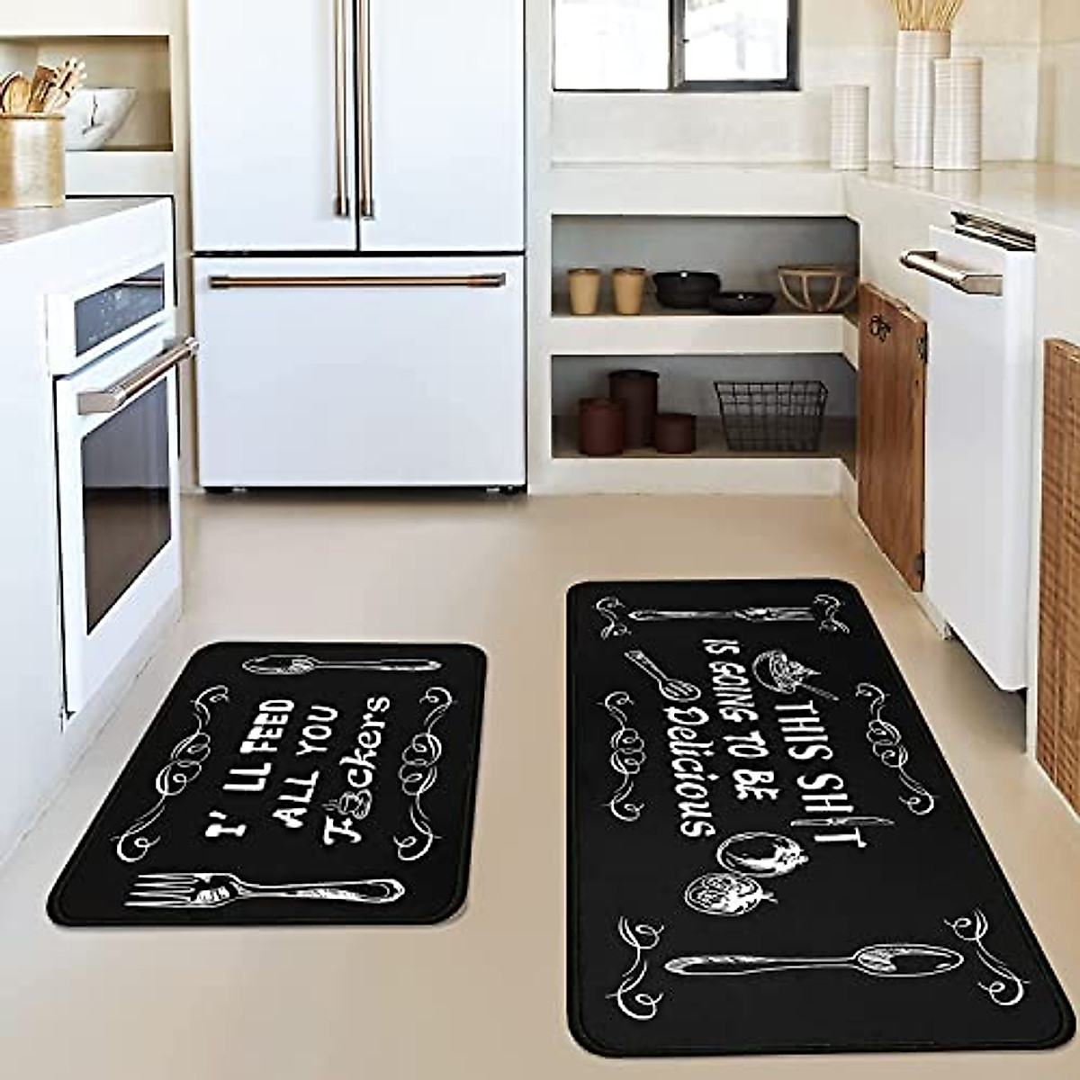 Faptoena Black Kitchen Rugs and Mats Sets of 2, Funny Kitchen Decoration Rubber Backing Non-Slip Absorbent Mats for Sink Waterproof Runner Rug for Laundry Room 17x30+17x48inch