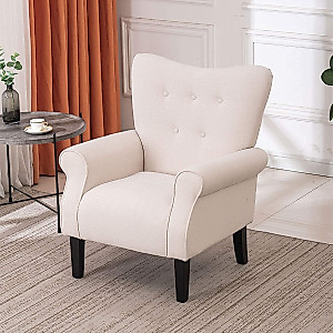 YOLENY Modern Accent Chair,High Back Armchair,Upholstered Fabric Button Single Sofa with Wooden Legs for Living Room,Bedroom,Club,Beige