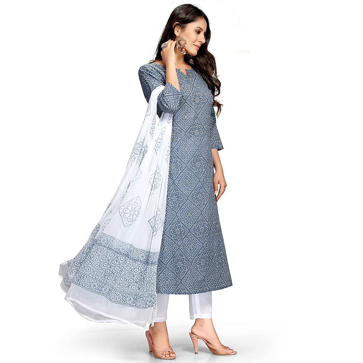 Rajnandini Women's Pure Cambric Cotton Embroidered Kurta Set With Dupatta (JOPLVL212-XL_Grey & White_XL)