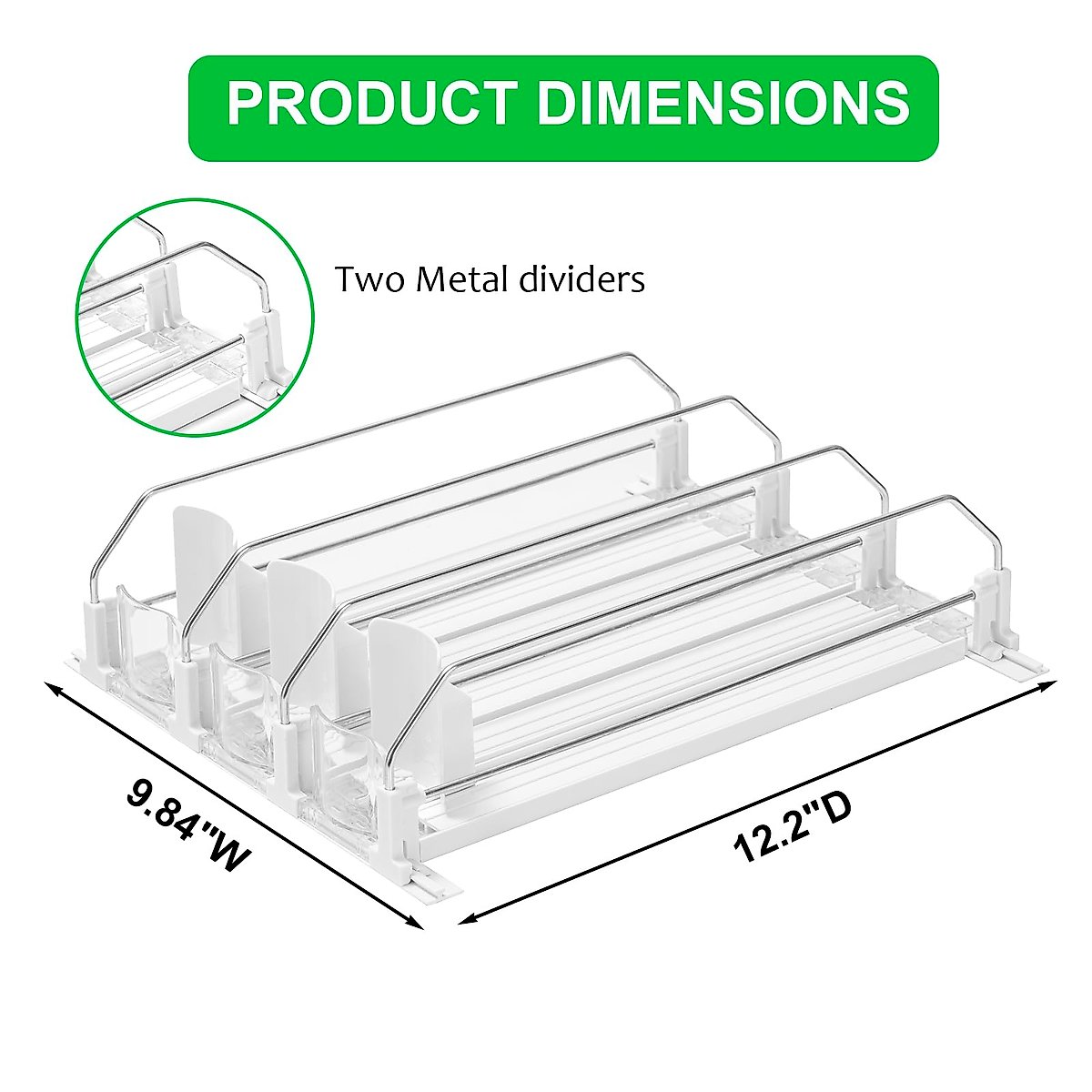 Rula Drink Organizer for Fridge, Self-Pushing Soda Can Dispenser for Mini Refrigerator, Width Adjustable Water Bottle Pusher Glide, White, 3 Rows,12.2” D