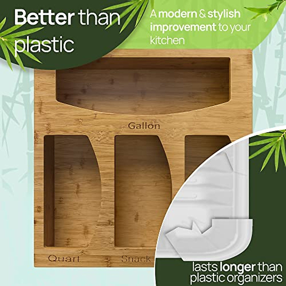 Qenqe Bamboo Ziplock Bag Storage Organizer, Ziplock Bag Holder for Kitchen Drawer, Dispenser for Variety Size Bags, Cute Kitchen Accessories