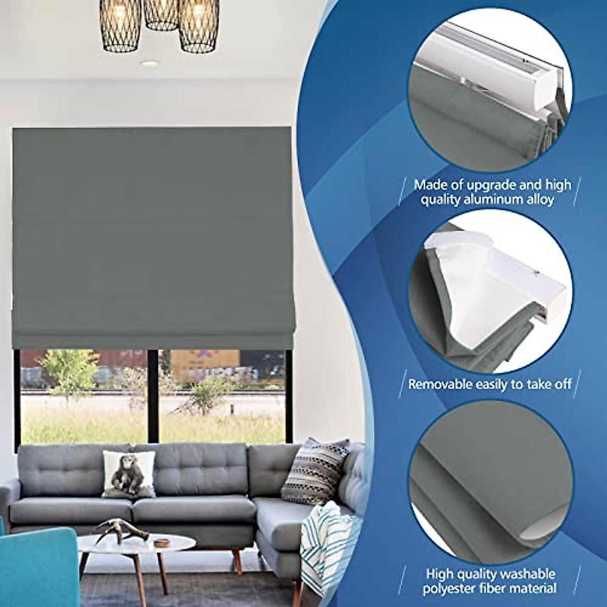 SUNFREE Cordless Roman Shades for Windows, Blackout Room Darkening Roman Blinds, Thermal Insulated Window Blinds Treatment, Washable Roman Blind for Living Room, Bedroom, Kitchen, 34" x 64", Grey