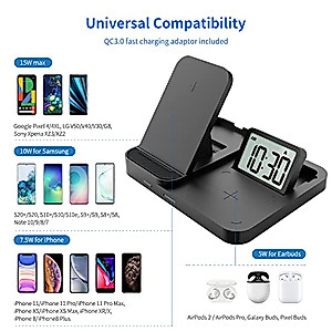 MeesMeek 15W Max Foldable Wireless Charging Station with 18W QC Power Adapter and USB-C Cable, 3 in 1 - Mobile Phone Wireless Charger Dock/Earbuds Qi Pad/Alarm Clock (Black)