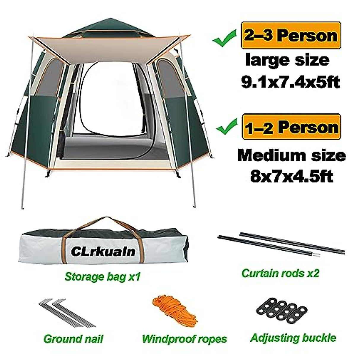 CLrkualn Camping Tent Pop Up 60 Seconds Set Up Family Dome Tent Waterproof Windproof Tent Double Layer Portable with Carry Bag for Outdoor Picnic Hiking Glamping (Green, Medium)