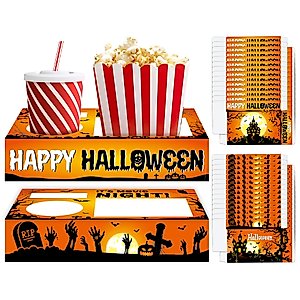 QOUBAI 32Pcs Halloween Party Supplies Movie Night Paper Snacks Boxes Halloween Movie Theater Snack Tray Party Decorations Movie Popcorn Drink Holder Set for Halloween Birthday Trick or Treat Party