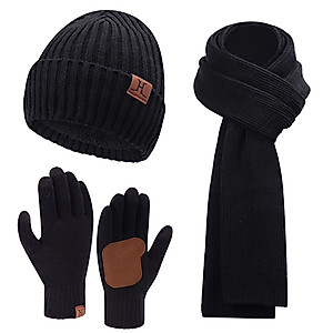 Mens & Womens Winter Knit Hat Beanie Long Neck Scarf Touchscreen Gloves Set Skull Cap with Fleece Lined Gifts for Men Women