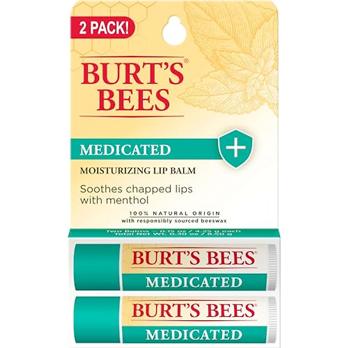 Burt's Bees Medicated Lip Balm, With Eucalyptus Oil and Menthol, Tint-Free, Natural Origin Lip Care, 2 Tubes, 0.15 oz.