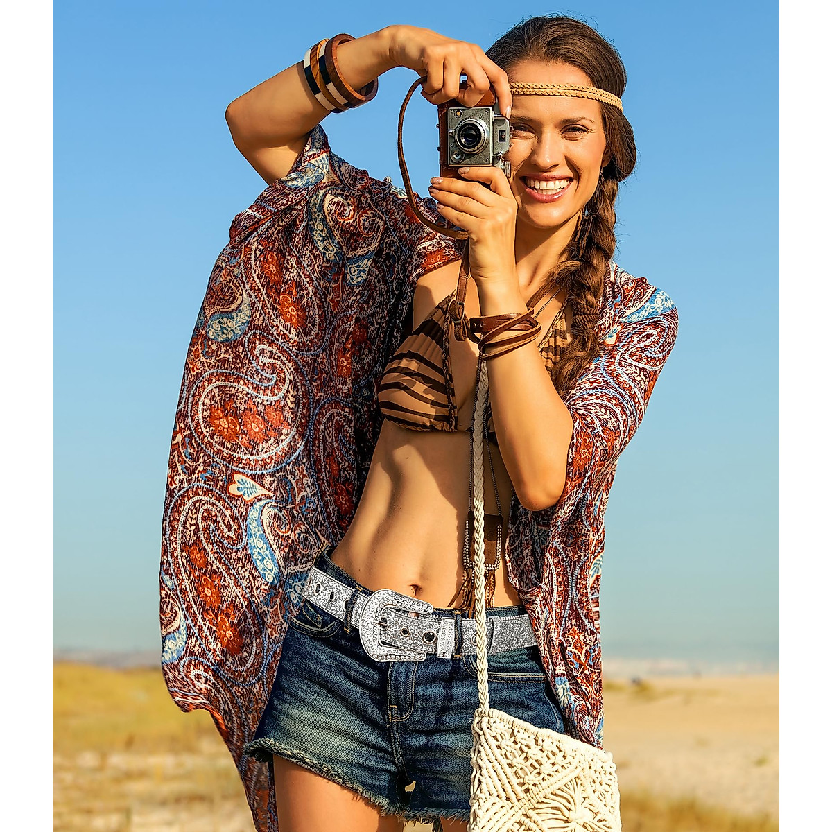 Kajeer Rhinestone Belt for Men Women, Vintage Cowgirl Diamond Bling Belts for Jeans(Silver, Small)