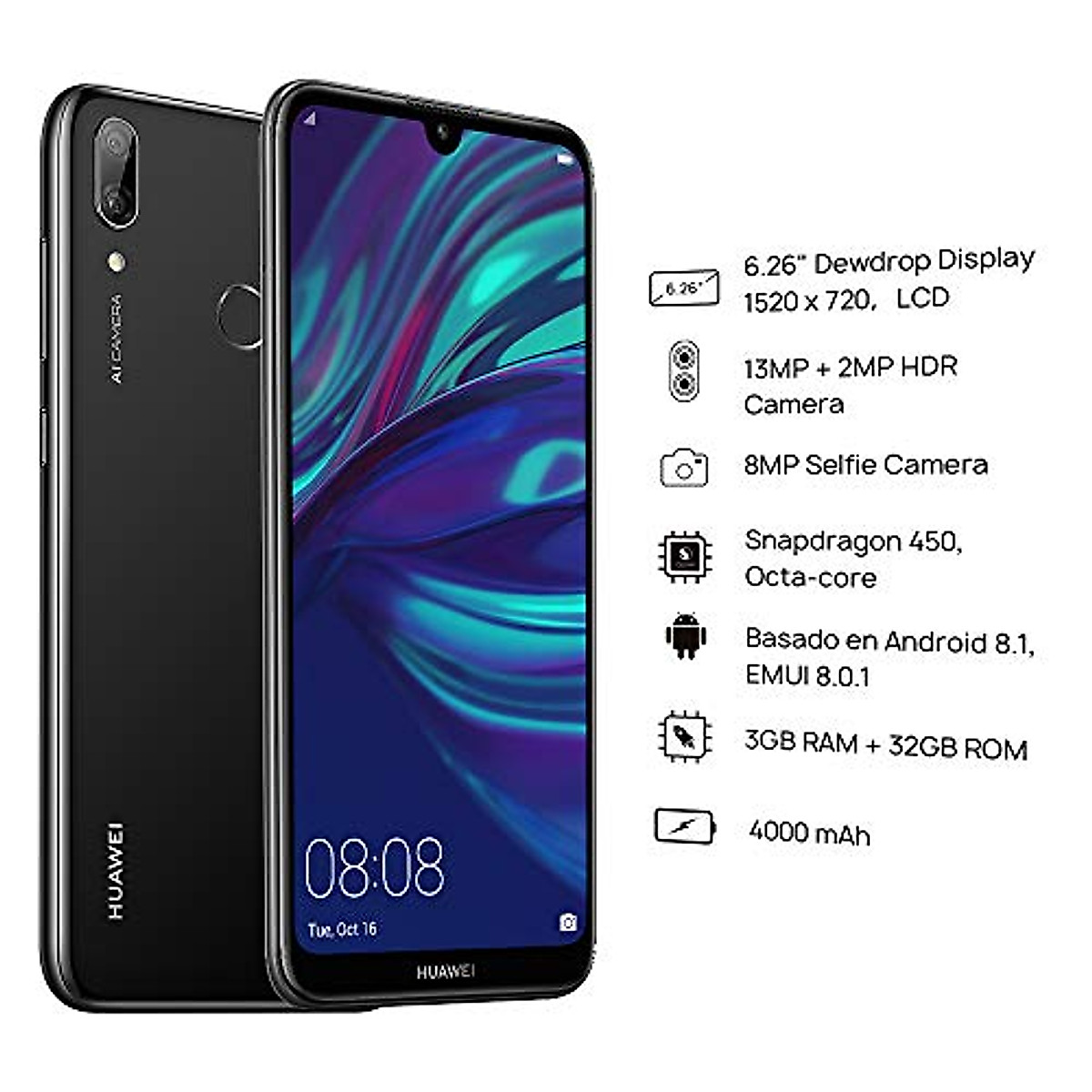 Huawei Y7 2019 Dub-LX3 32GB Unlocked GSM LTE Android Phone w/Dual 13MP+2MP Camera - Midnight Black