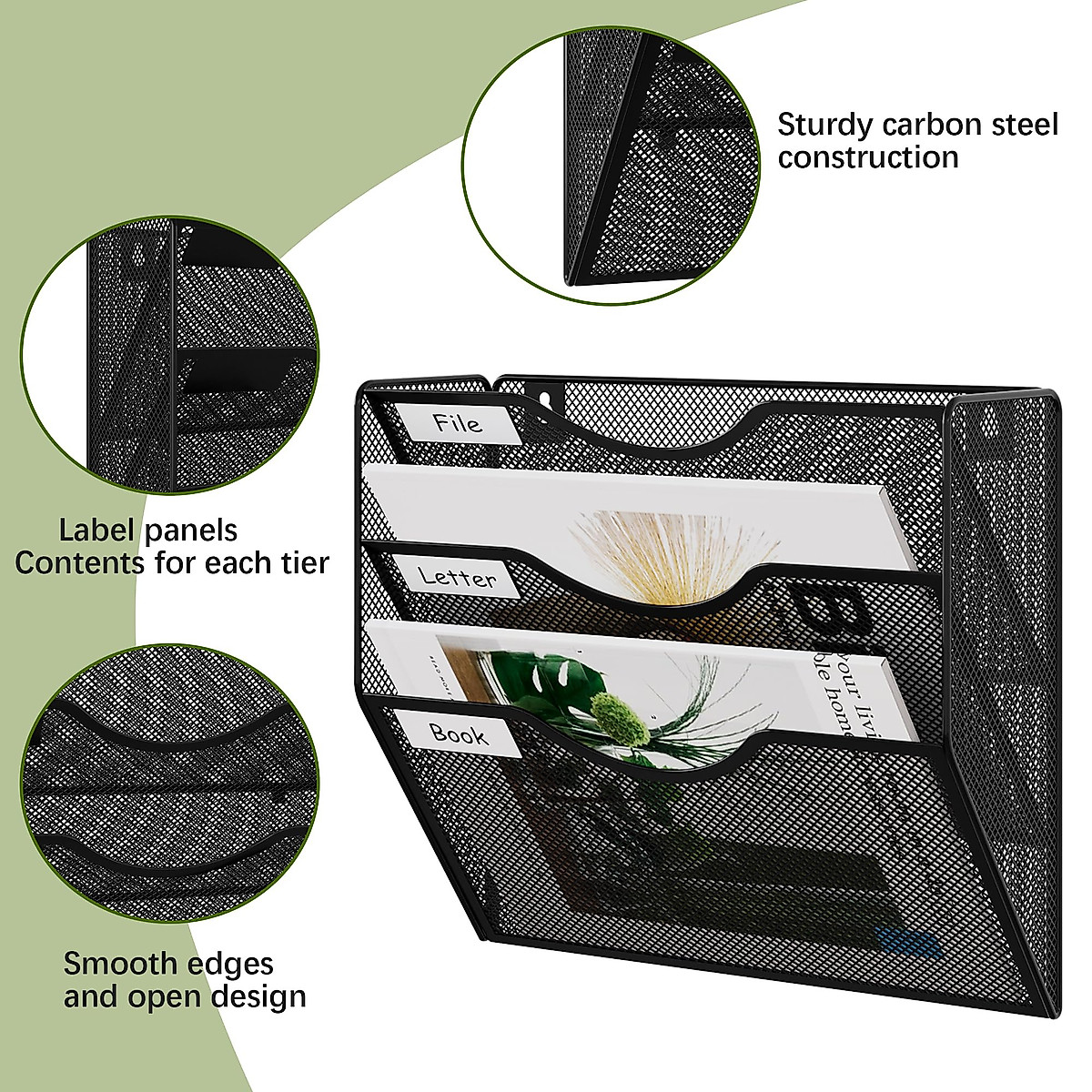 EasyPAG Office File Organizer 3 Pocket Vertical Wall Hanging File Folders Holder Mail Paper Holder Rack ,Black