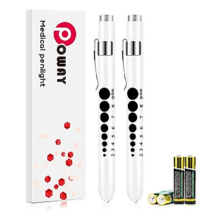 Opoway Nurse Pen Light with Pupil Gauge LED Medical Pen Lights for Nursing Students Doctors with Batteries 2pcs White