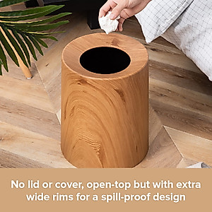 Anti Spill Wood Style Waste Basket - Kids and Pet Proof Garbage Container - Open Top Indoor Outdoor Trash Can - 12L/3.2Gal Capacity - Patio Garbage Can - Round Sleek Garbage Bin - 10inx10inx12in