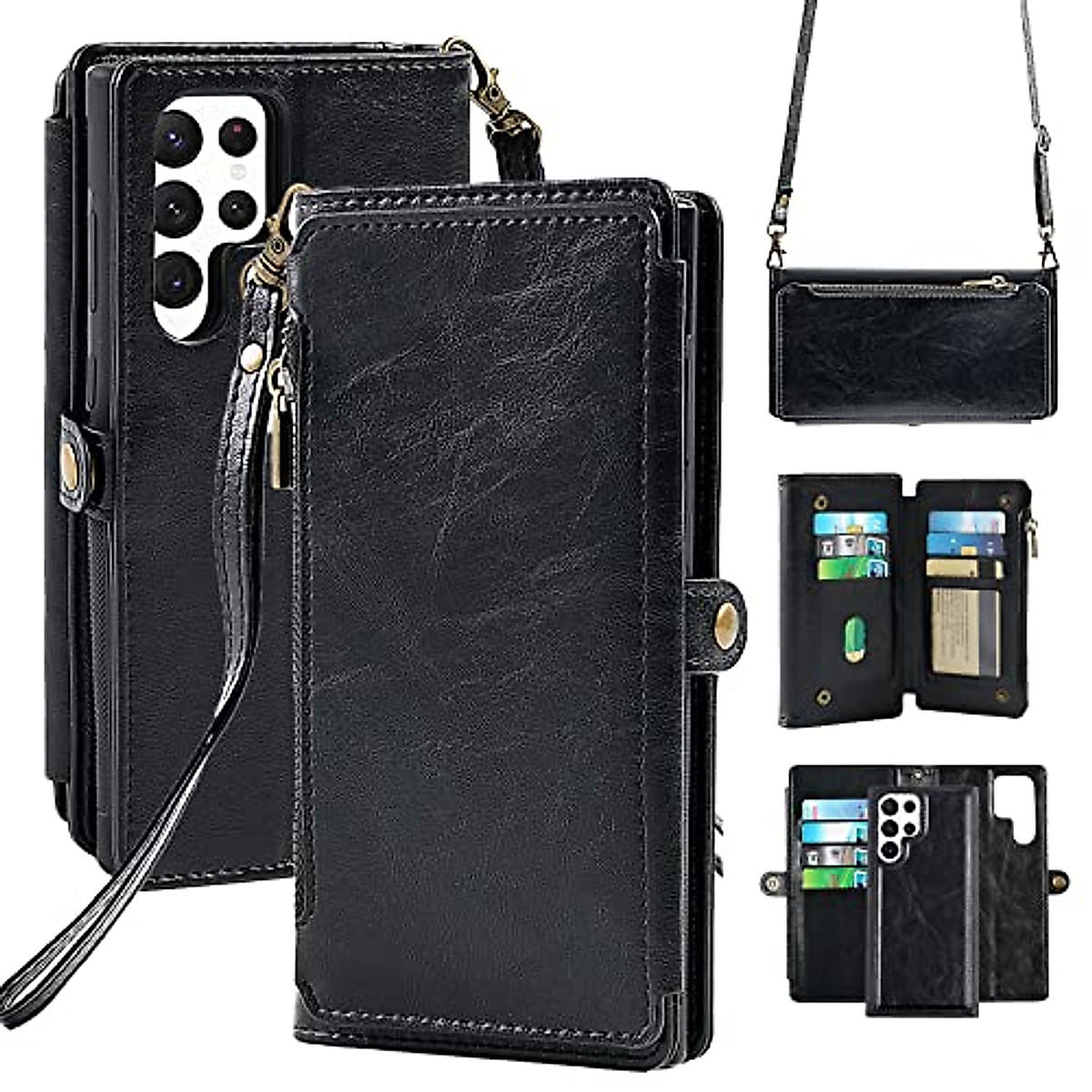 LAISIAHA Crossbody Phone Case and Wallet-Compatible with Samsung Galaxy S22 Ultra 5G Case, Samsung S22 Ultra Wallet Case Leather Magnetic Flip Strap Wristlet Zipper Card Holder Phone Case Black