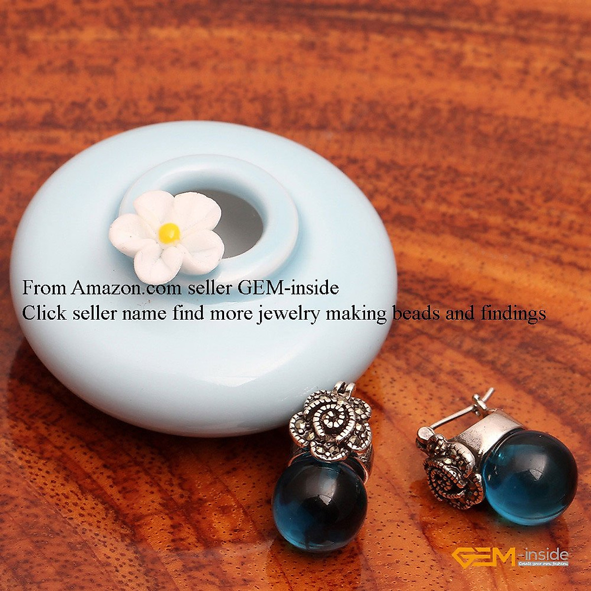 GEM-Inside 12mm Blue Crystal Earrings Round Ball Gemstone Beads Cute Tibetan Silver Marcasite Leverback Jewelry Accessory for Woman