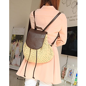 TONWHAR® Paper String Woven Purse Straw Backpack for Beach (Beige)