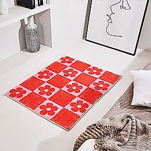 Snack Break | Cute Red Flower Checkered Rug for Bathroom, Bedroom, and Living Room | Non-Slip Backing | Ultra Soft Machine Washable Microfiber