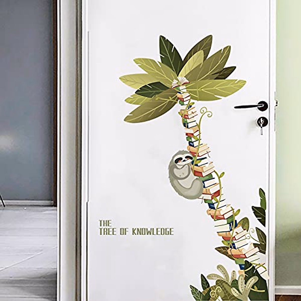 Sloth Hanging on The Books Tree Wall Decals Decor, Large Book Tree of Knowledge Vinyl Wall Stickers, Removable Coconut Tree Plants Wall Mural for Reading Room Classroom Bedroom, 31.5”x51.2”