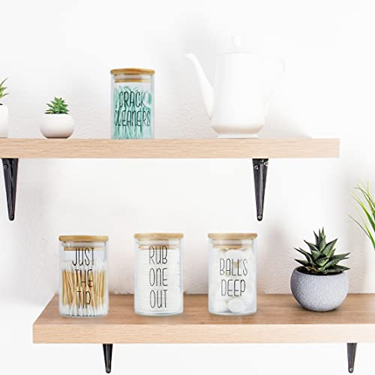 4 Pack Glass Apothecary Jars with Bamboo Lids, Qtip Holder Dispenser Bathroom Canisters Storage Organizer for Cotton Swabs, Pads, Balls and Dental Floss