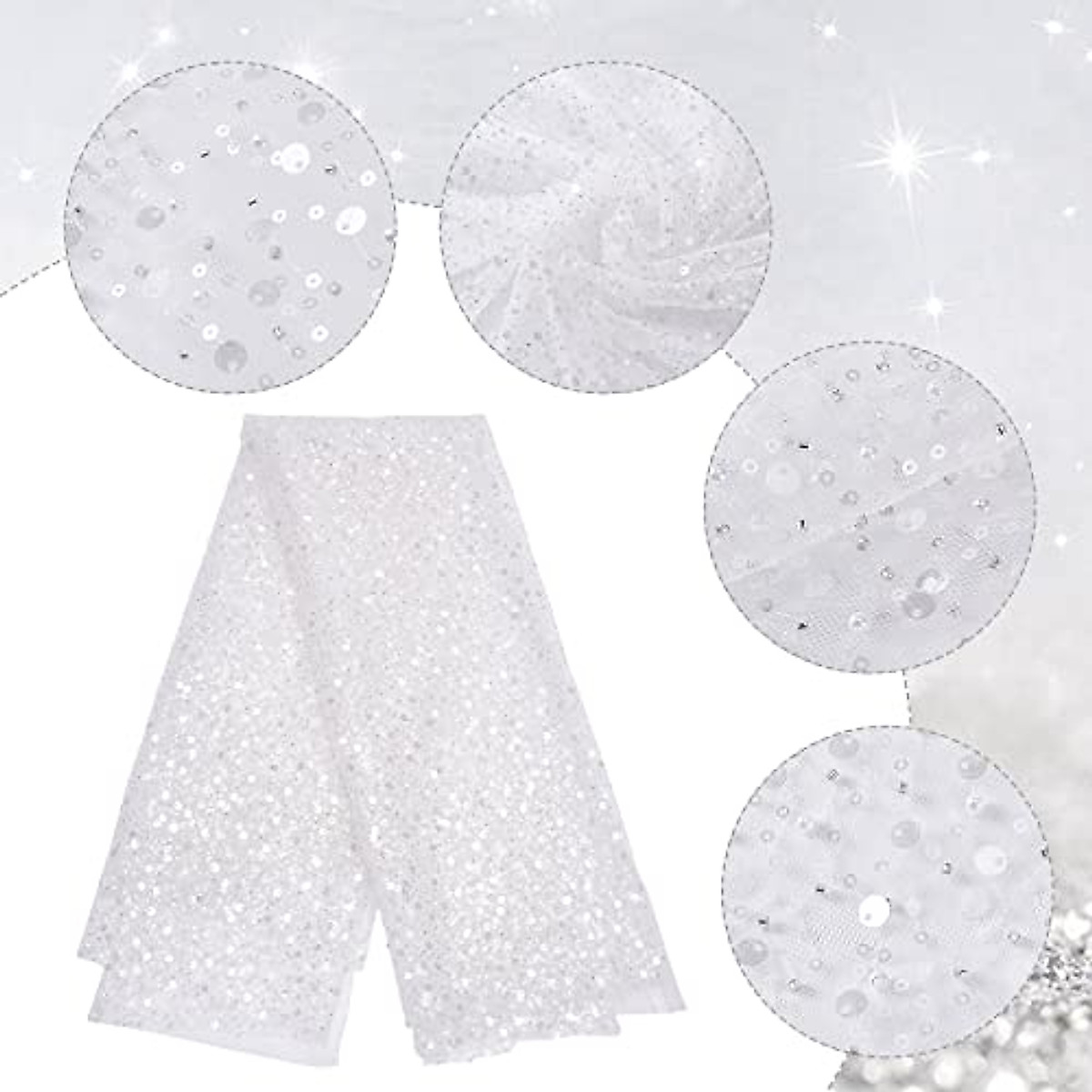 BENECREAT 63x39 Inch Glitter Tulle Fabric with Sequin and Beads, White Ribbon Netting Fabric for Clothing Accessories Sewing Quilting Apparel Crafts Decor
