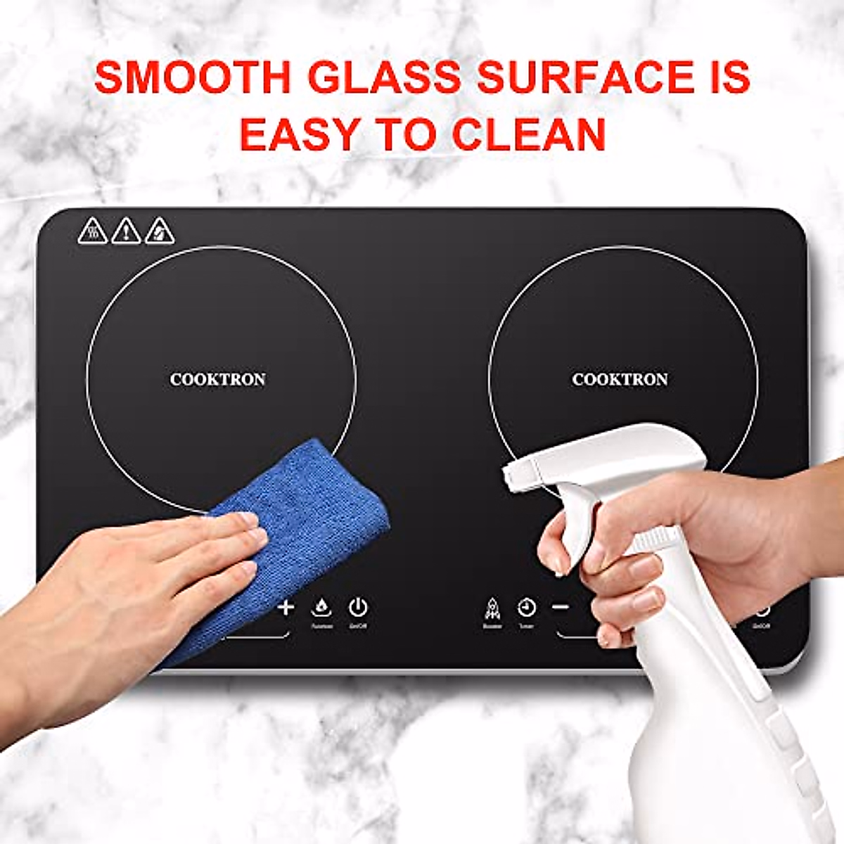 COOKTRON Double Induction Cooktop Burner with Fast Warm-Up Mode, 1800w 2 Induction Burner with 10 Temperature 9 Power Settings, Portable Dual Induction Cooker Cooktop with Child Safety Lock & Time