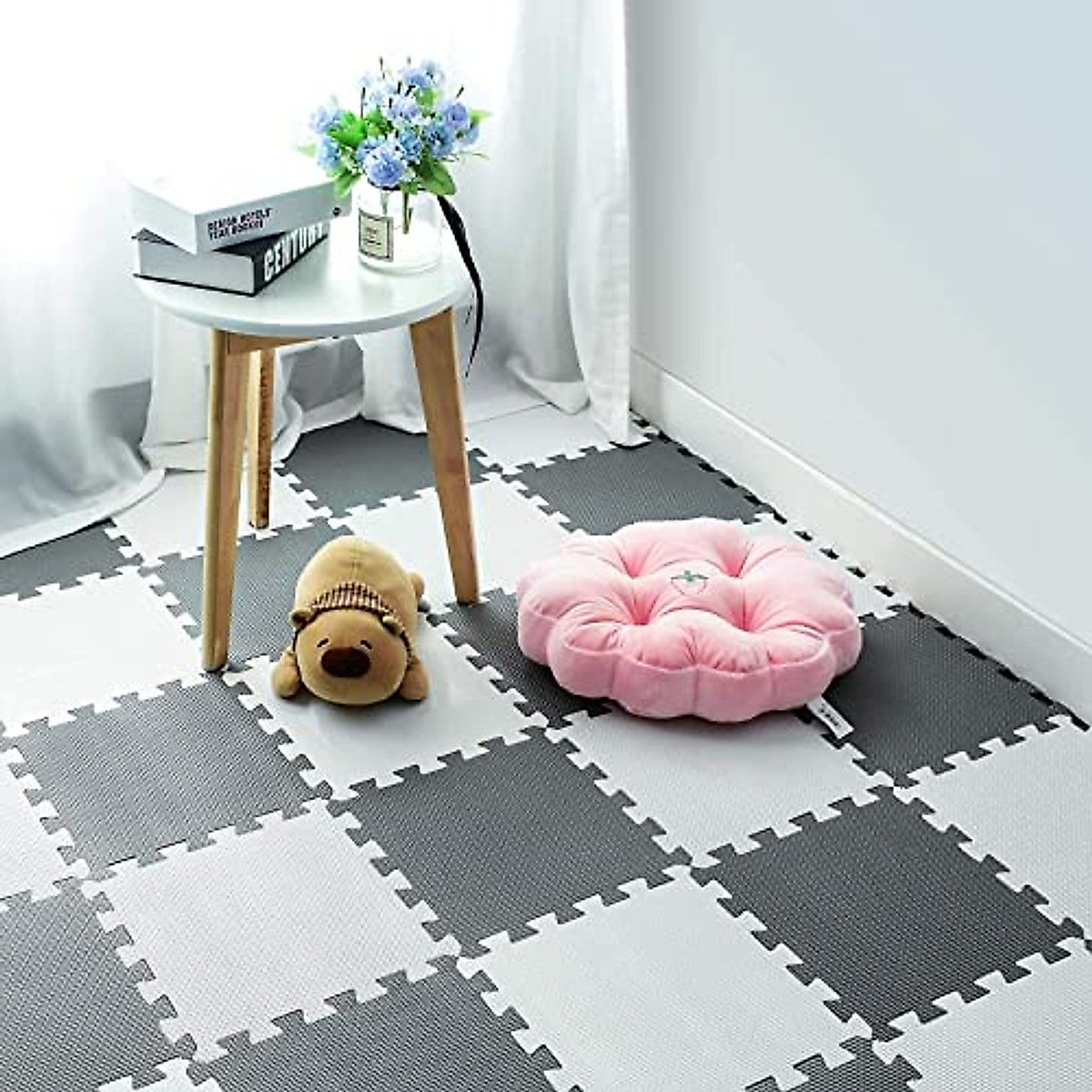 qqpp EVA Rubber 18 Tiles Interlocking Puzzle Foam Floor Mats - Baby Play Mat for Playing | Exercise Mat for Home Workout. White, Gray. QC-ALb18N