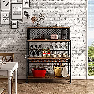Jevindo Bar Carts for The Home, 41 Inches Liquor Cabinet, Modern Bar Cabinet with Movable Wheels Base, Wine Glasses Holder and Bottles Rack for Kitchen, Living Room, Dining Room, Rustic Brown