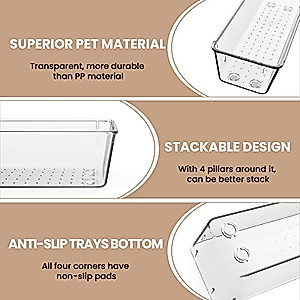 HAMOPY Drawer Organizer, 22 Pcs PET Drawer Organizer Set with Nonslip Silicone Pads, 4 Size Clear Drawer Organizer Trays Vanity Dividers Storage Bins for Makeup, Jewelry, Office, Bedroom and Bathroom
