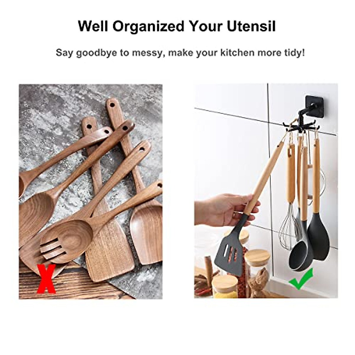 Kitchen Utensil Hanger with 6 Hooks, 2 Pack Under Cabinet Utensil Holder 360° Rotatable Kitchen Hooks Utensil Rack Space Saving No Drilling Nail Free Kitchen Utensil Organizer for Wall, Black