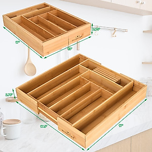 Hombury Bamboo Expandable Kitchen Drawer Organizer, Adjustable Silverware Organizer, Cutlery Tray, Utensil Organizer for kitchen Drawers with Knife Holder, 8 Compartment Drawer Organizer Kitchen