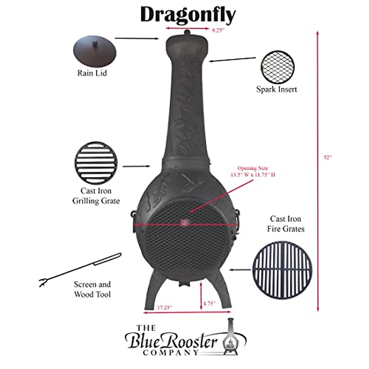 The Blue Rooster Dragonfly Aluminum Chiminea in Gold Accent