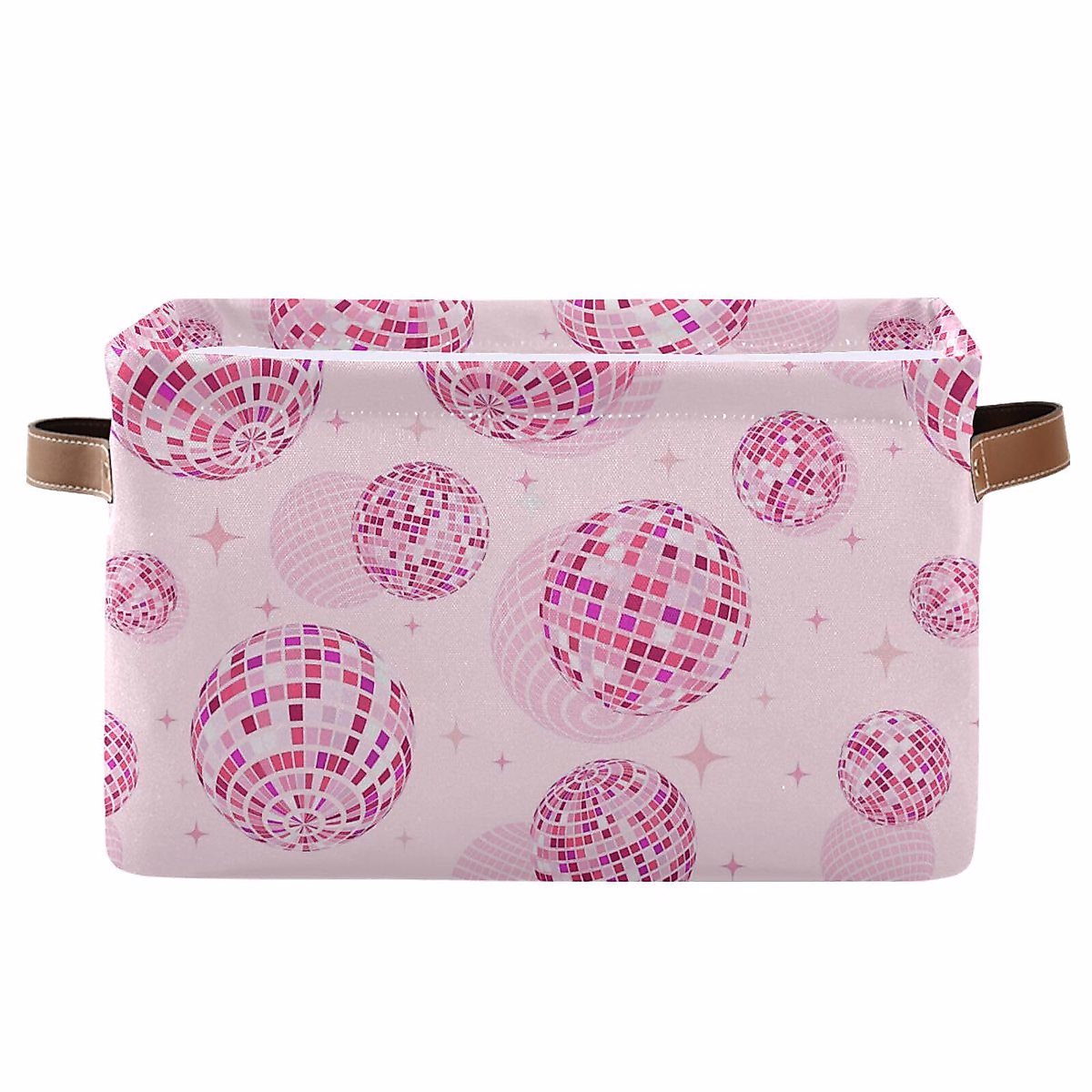 Disco Balls Pink Large Storage Basket Cube Storage Bin Canvas Fabric Organizer Handles Collapsible Decorative for Clothes Toys Bedroom
