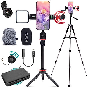 Movo iVlog1 Vlogging Kit for iPhone with Fullsize Tripod - Lightning Compatible Vlog Kit - Accessories: Shotgun Mic, Tripods, LED Light, Wide-Angle Lens for YouTube Starter Kit or iPhone Vlogging Kit