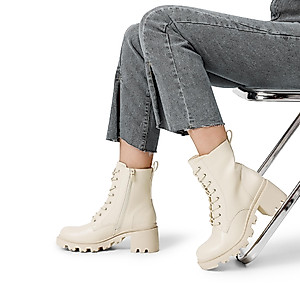 DREAM PAIRS Women's SDAB2317W Lug Sole Combat Ankle Bootie Lace up Low Chunky Block heels Side Zipper Boots Fashion Causal Shoes, Beige, 7.5