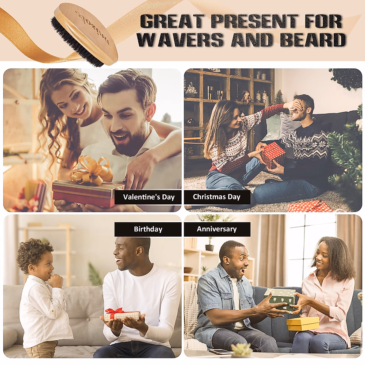 Aosina Wave Brush - Hair Brush for Men with 100% Natural Beech Wood & Reinforced Pure Black Boar Hair Bristle, Soft Beard Brush Hairbrush for Men Perfect for Cultivating Beards, Hair Waves and Wolfing