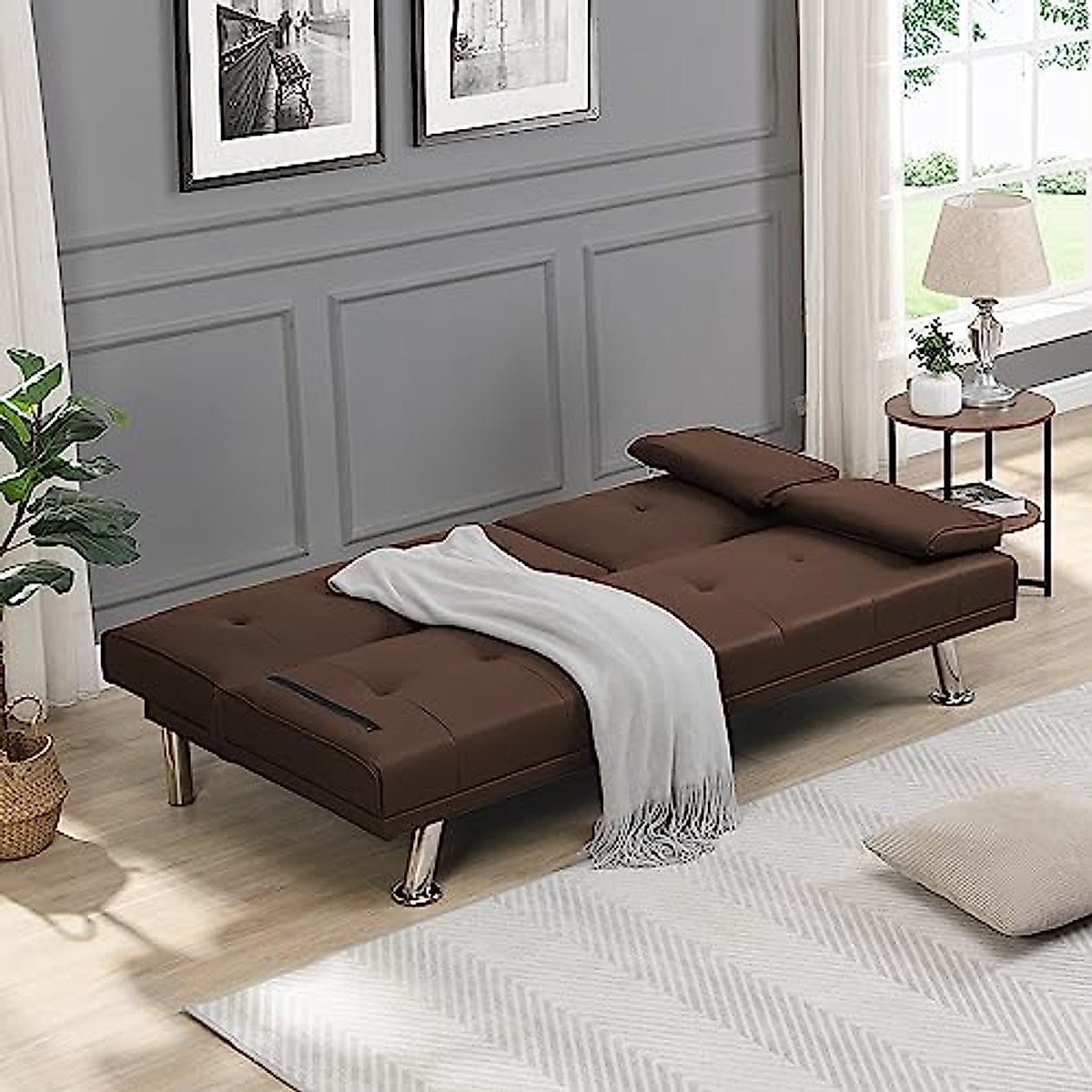 Eafurn Convertible Futon Bed with 2 Cup Holders, Modern Split-Back Folding Loveseat Sleeper w/Adjustable Backrest,Small Sofa & Couches Sofabed, Brown PU
