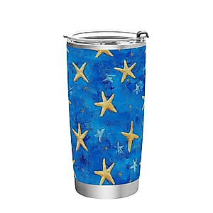 Starfish Blue Watercolor Stainless Steel cups for hot and cold with Lid and Straw coffee mug for men for Home, Office or Car reusable travel coffee tumbler 20 OZ