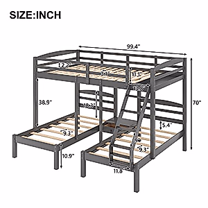 DEYOBED Full Over Twin & Twin Wooden Triple Bed Bunk Bed with Easy-Access Ladder - Functional Sleep Arrangement for Kids, Teens, Adults