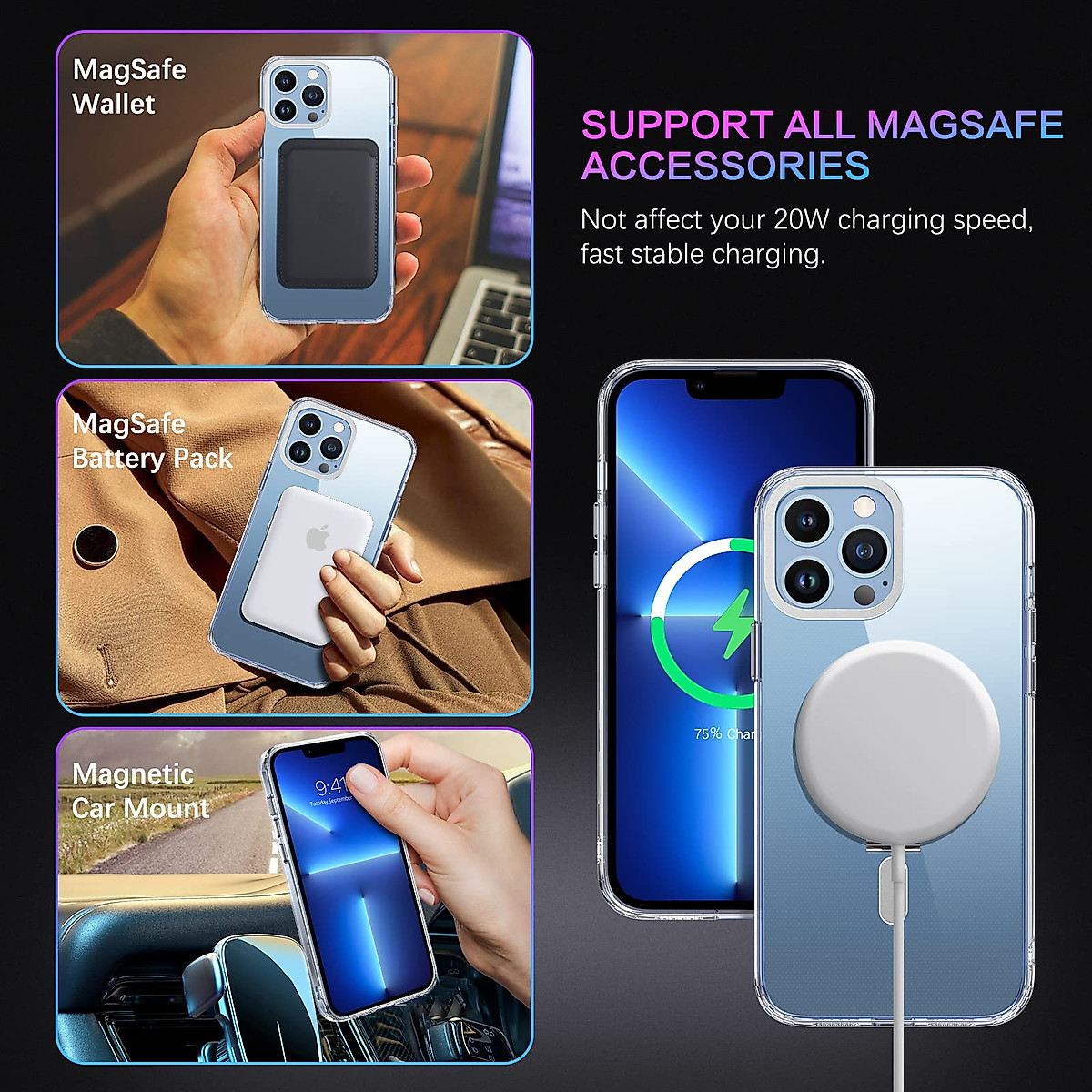 DUEDUE for iPhone 13 Pro Max Magnetic Case with Invisible Stand [Compatible with Magsafe], Clear Full Body Protective Cover Slim Transparent Shockproof Phone Case for iPhone 13 Pro Max 6.7", Clear