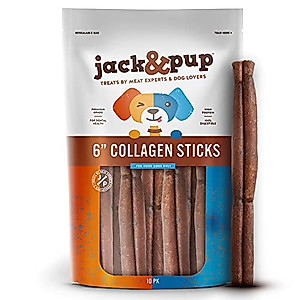 Jack&Pup 6" Beef Collagen Sticks for Dogs, Rawhide Free Dog Chews Long Lasting Collagen Chews for Dogs Healthy Dog Treats for Medium Dogs Joint Support for Dogs | Bully Stick Alternative (10 Pack)