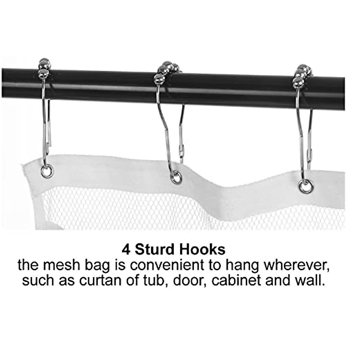 Mesh Shower Curtain Organizer Bag，6 Pockets Hanging Caddies Quick Dry Bathroom Shower Curtain Rod/Liner Toy Shampoo-Soap-Razor Holder Hanger Storage Pocket with 4 Hanging Ring 2 Suction Cup Hooks