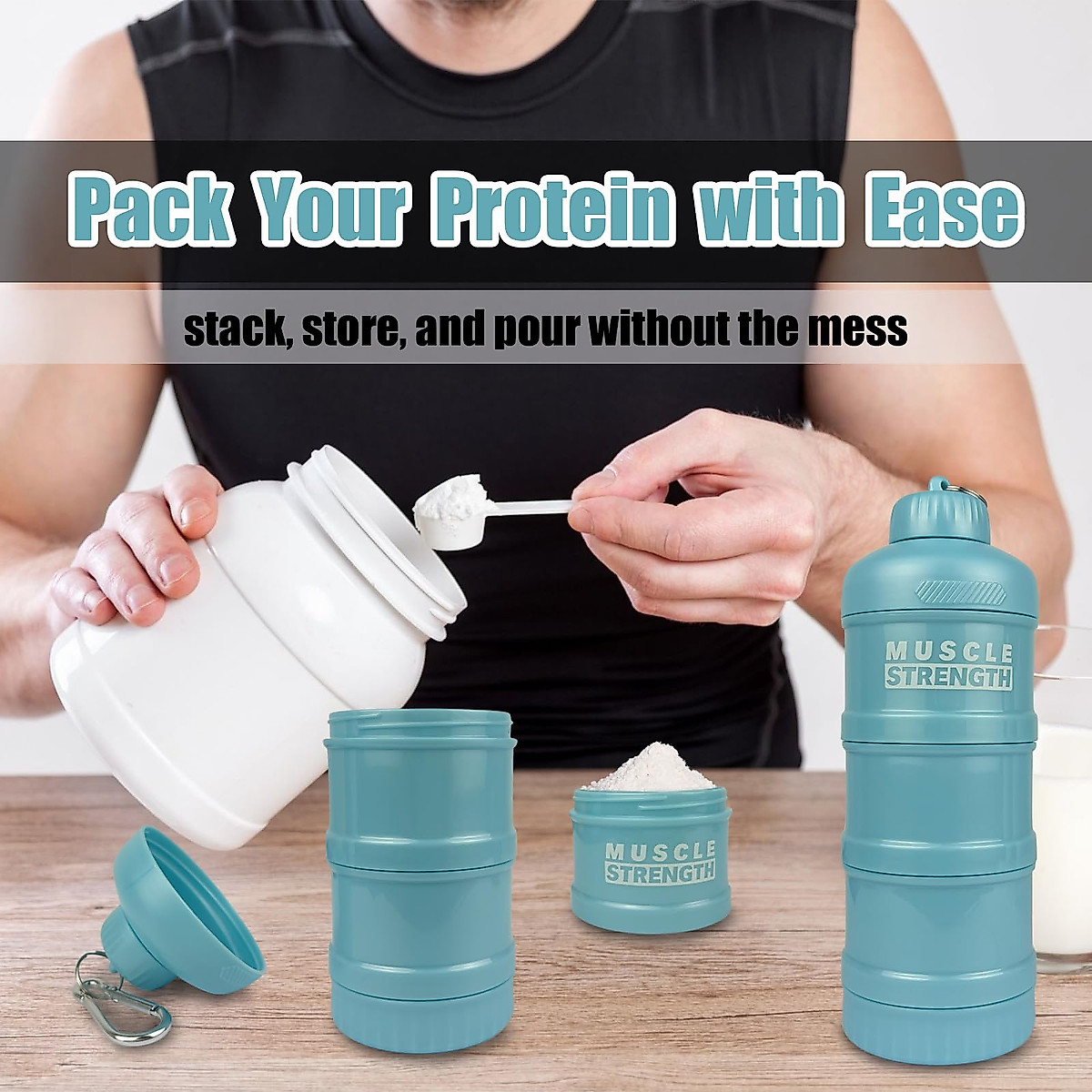 Stackable Protein Powder Travel Container with Carabiners & Funnels, Portable Protein Powder Container to Go, Protein Powder Funnel Set, Travel Protein Powder Containers for Fitness, Travel (BLUE)
