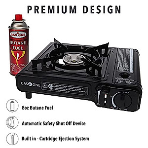 GAS ONE GS-3000 Portable Gas Stove with Carrying Case, 9,000 BTU, CSA Approved, Black (Stove + 4 Fuel)