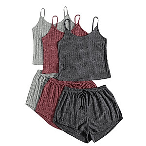 GORGLITTER Women's 3 Sets Ribbed Pajamas Set Sleeveless Crop Top and Tie Front Shorts Lounge Set Sleepwear Loungewear Grey Red Dark Grey Small