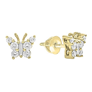 Dazzlingrock Collection 0.48 Carat (ctw) Baguette & Round White Diamond Butterfly Stud Earrings for Women in 18K Yellow Gold in Screw Back