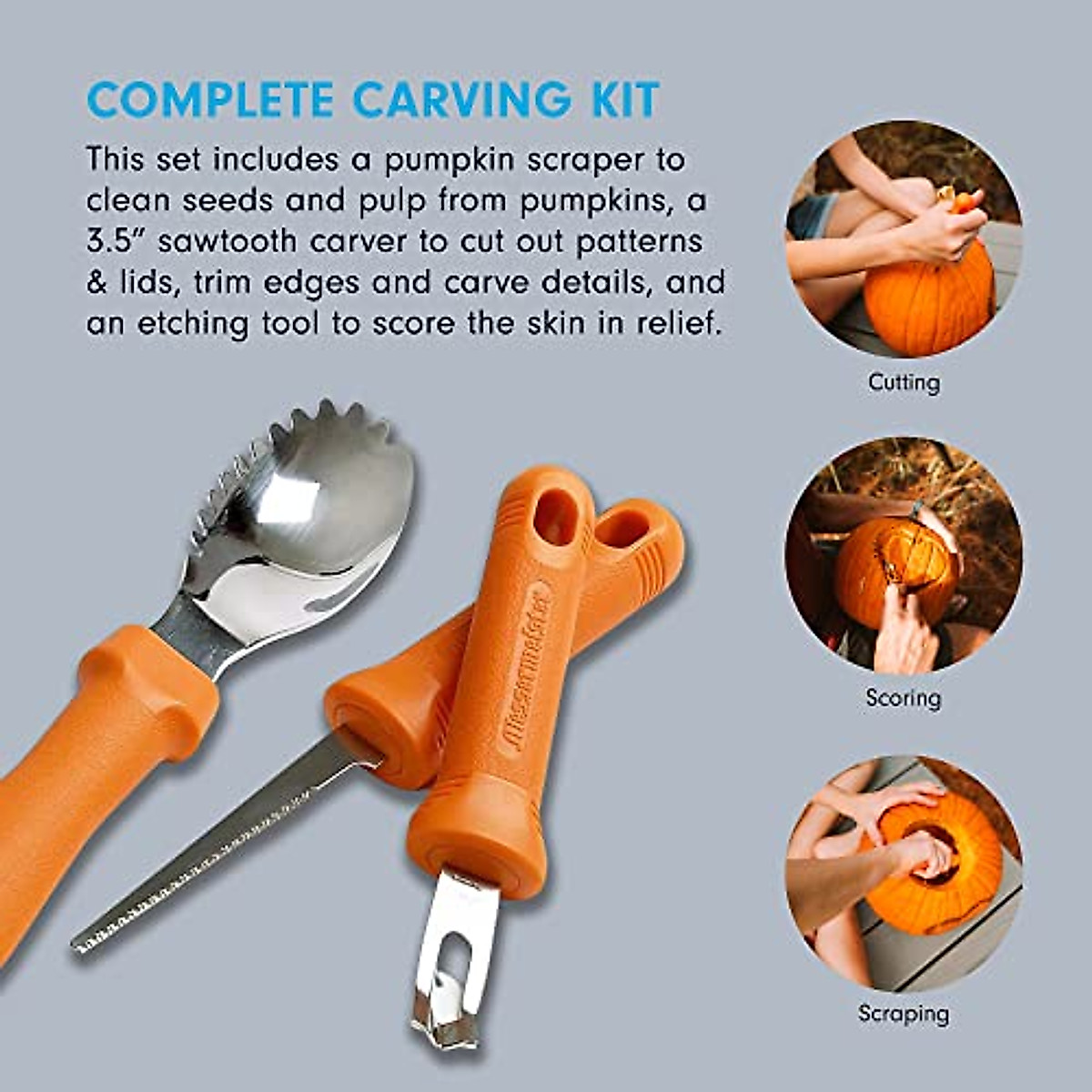 Messermeister 3-Piece Pumpkin Carving Set - Includes Scraper, Sawtooth Carver & Etching Tool - AISI420 Stainless Steel & Soft-Grip Handle