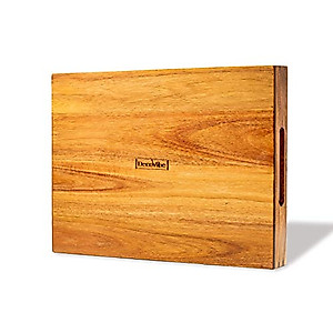 DecoVibe Acacia Wood Serving Tray with Handles - Rustic Wooden Tray for Living Room - Decorative Ottoman Wood Tray - 16" x 12" x 2" Large Food Trays for Ottomans, Coffee Table, Breakfast, Bed, Couch